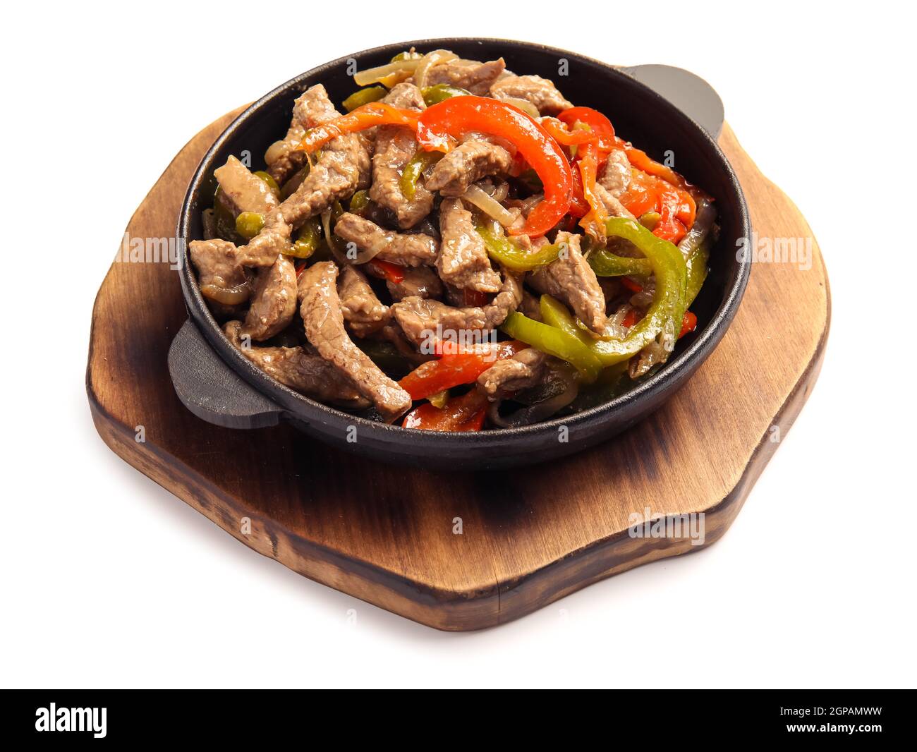 Frying pan with delicious traditional Mexican beef Fajita on white ...