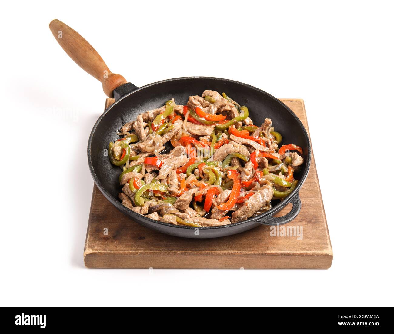 Frying pan with traditional Mexican Fajita on white background Stock ...