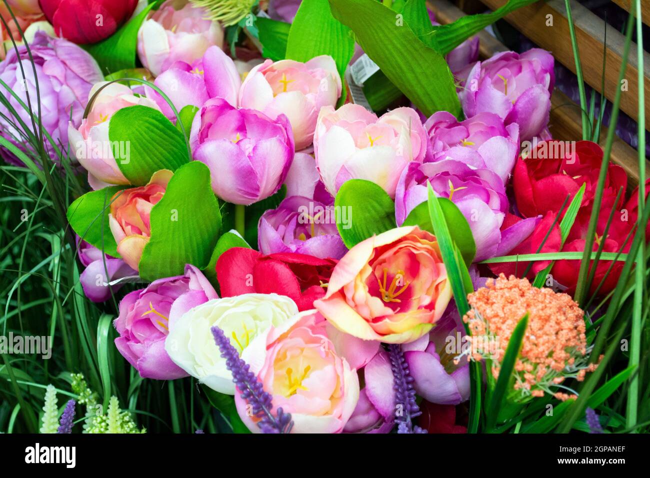 cloth flowers decorations, mix of artificial crocus close up Stock ...