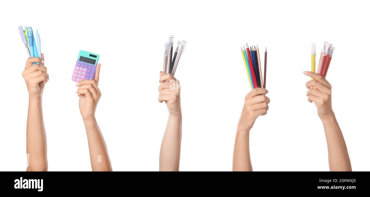 Many different hands with school supplies on white background Stock ...