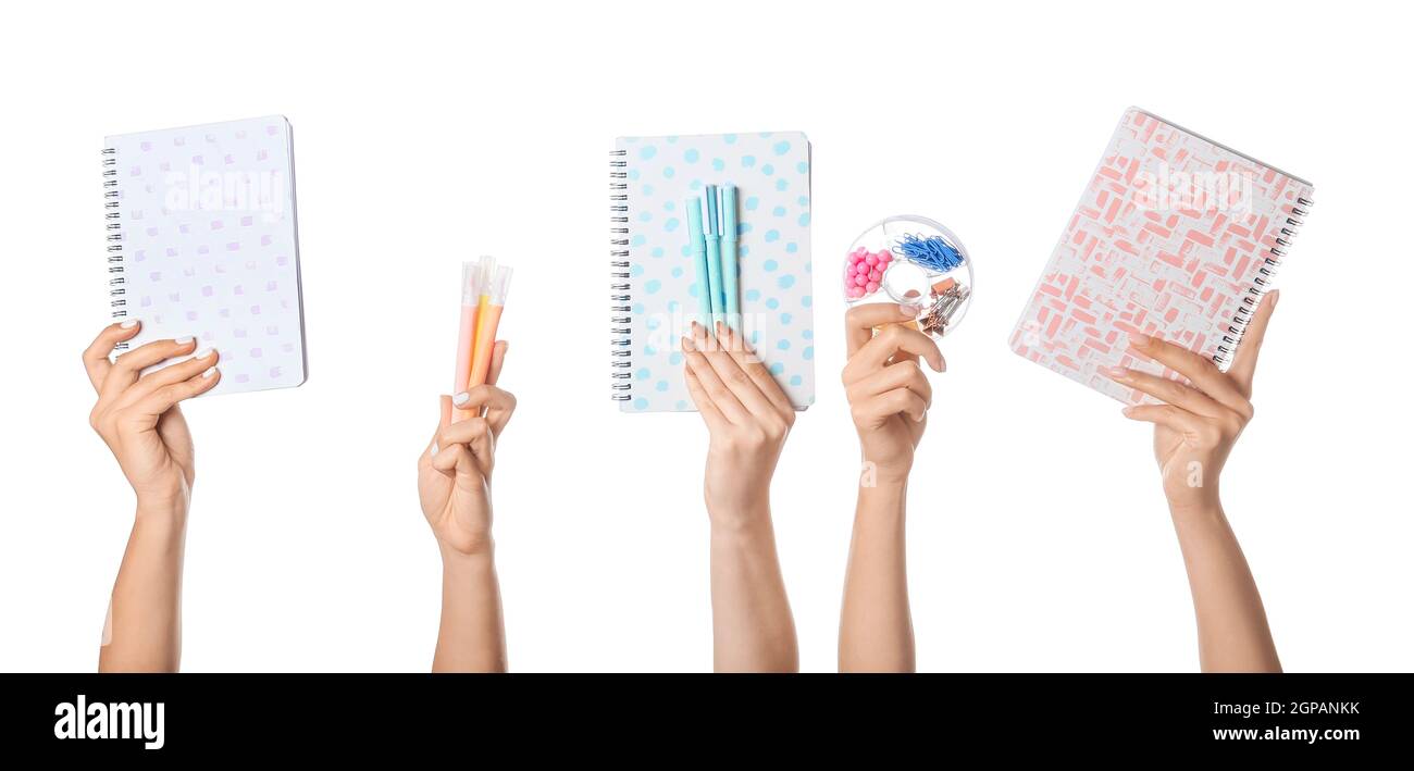 Many different hands with school supplies on white background Stock ...