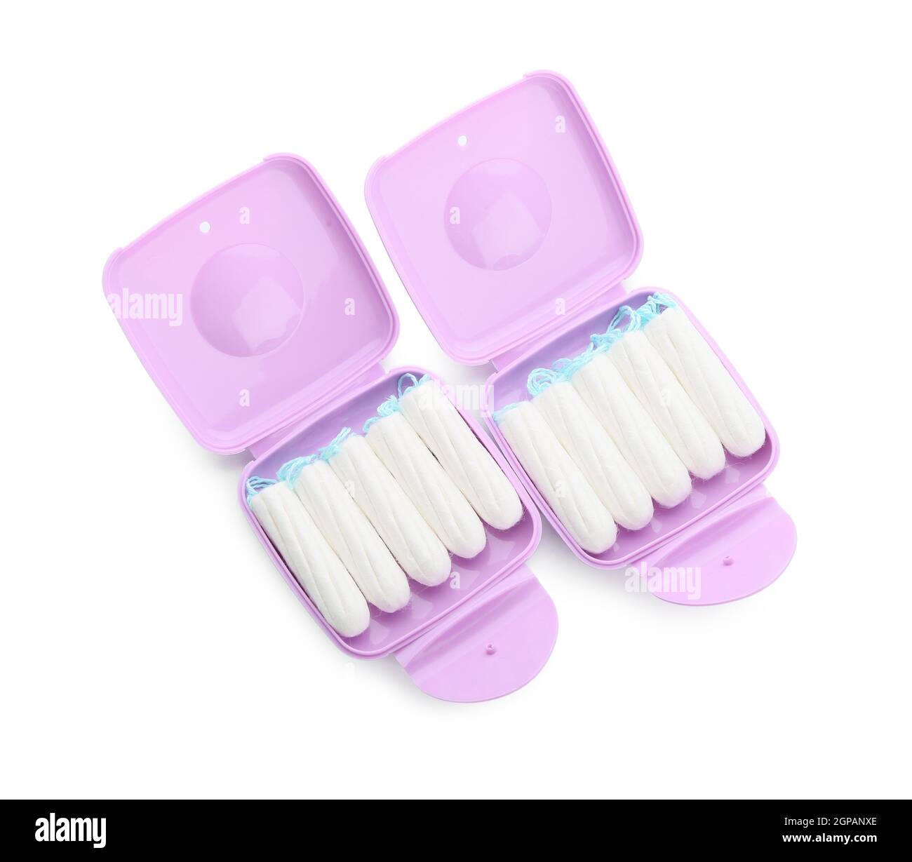 Tampons storage boxes on white background Stock Photo - Alamy