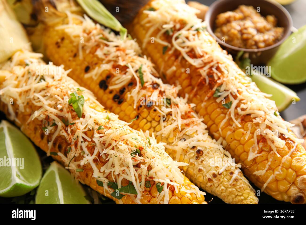 Delicious Elote Mexican Street Corn on table, closeup Stock Photo - Alamy