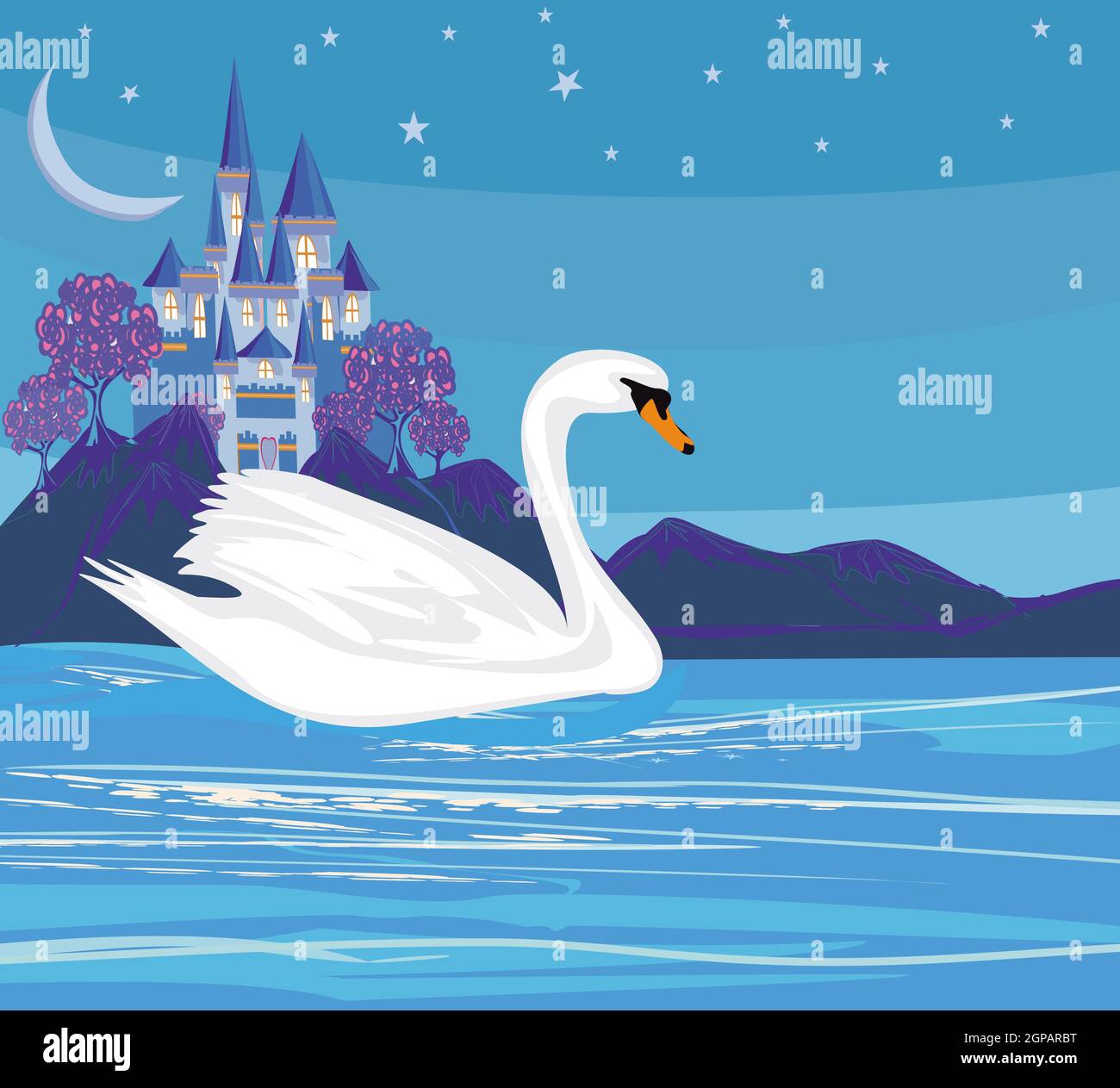 beautiful night landscape - swan and castle on the hill Stock Photo - Alamy