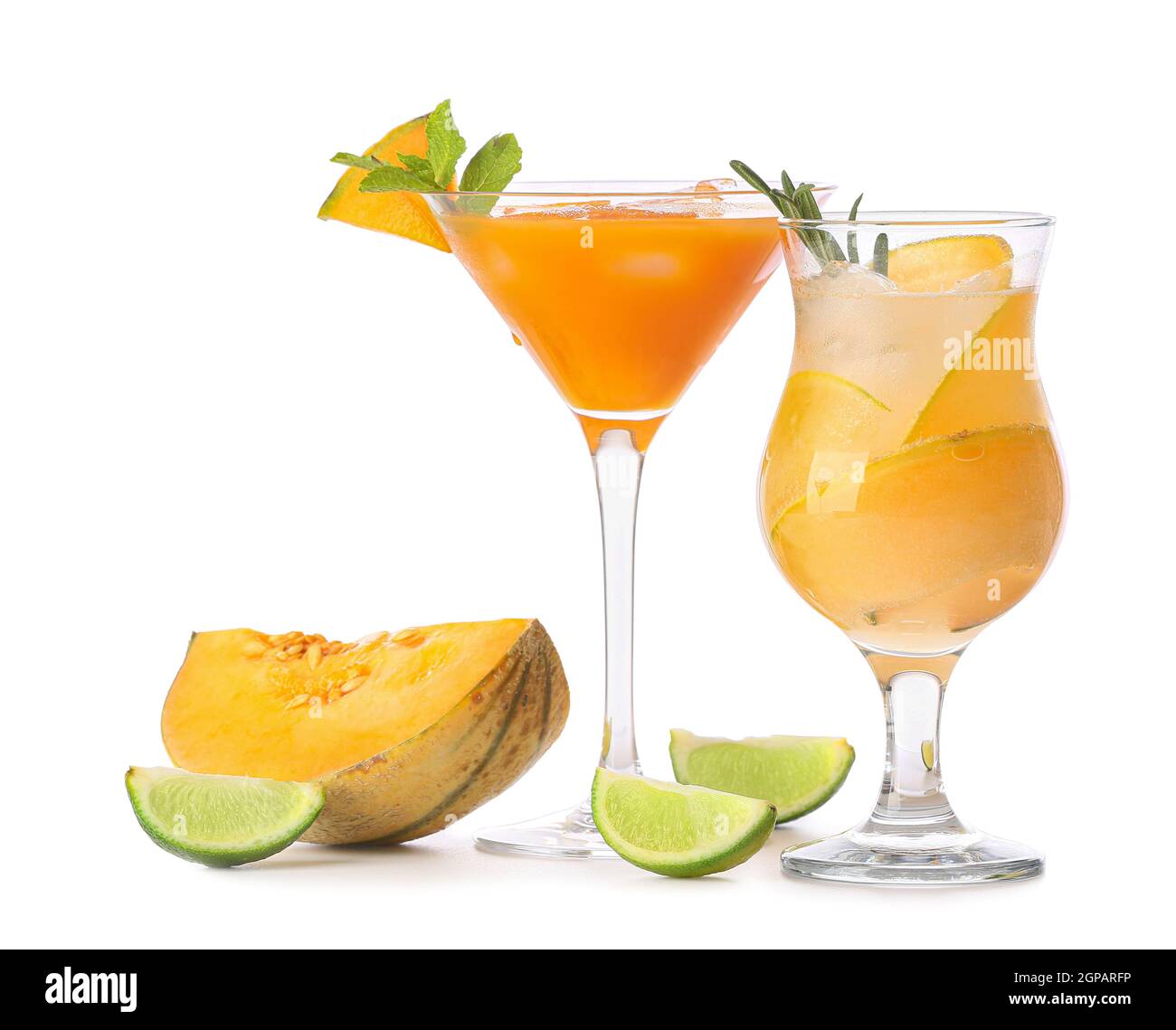 Glasses of cold melon cocktail isolated on white background Stock Photo ...