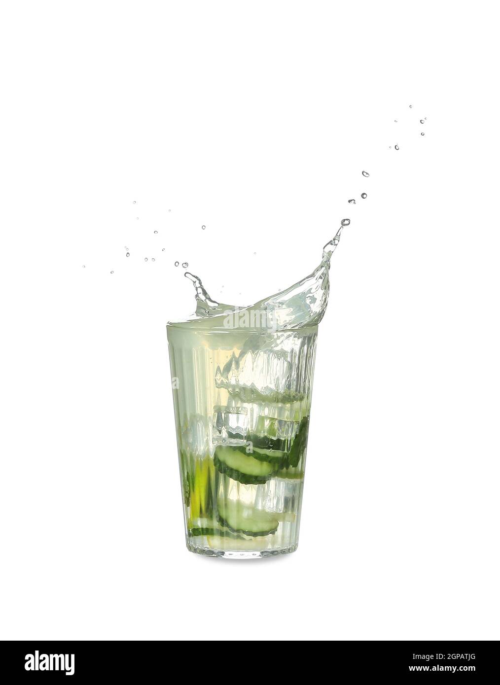 Glass of splashing lemonade on white background Stock Photo - Alamy