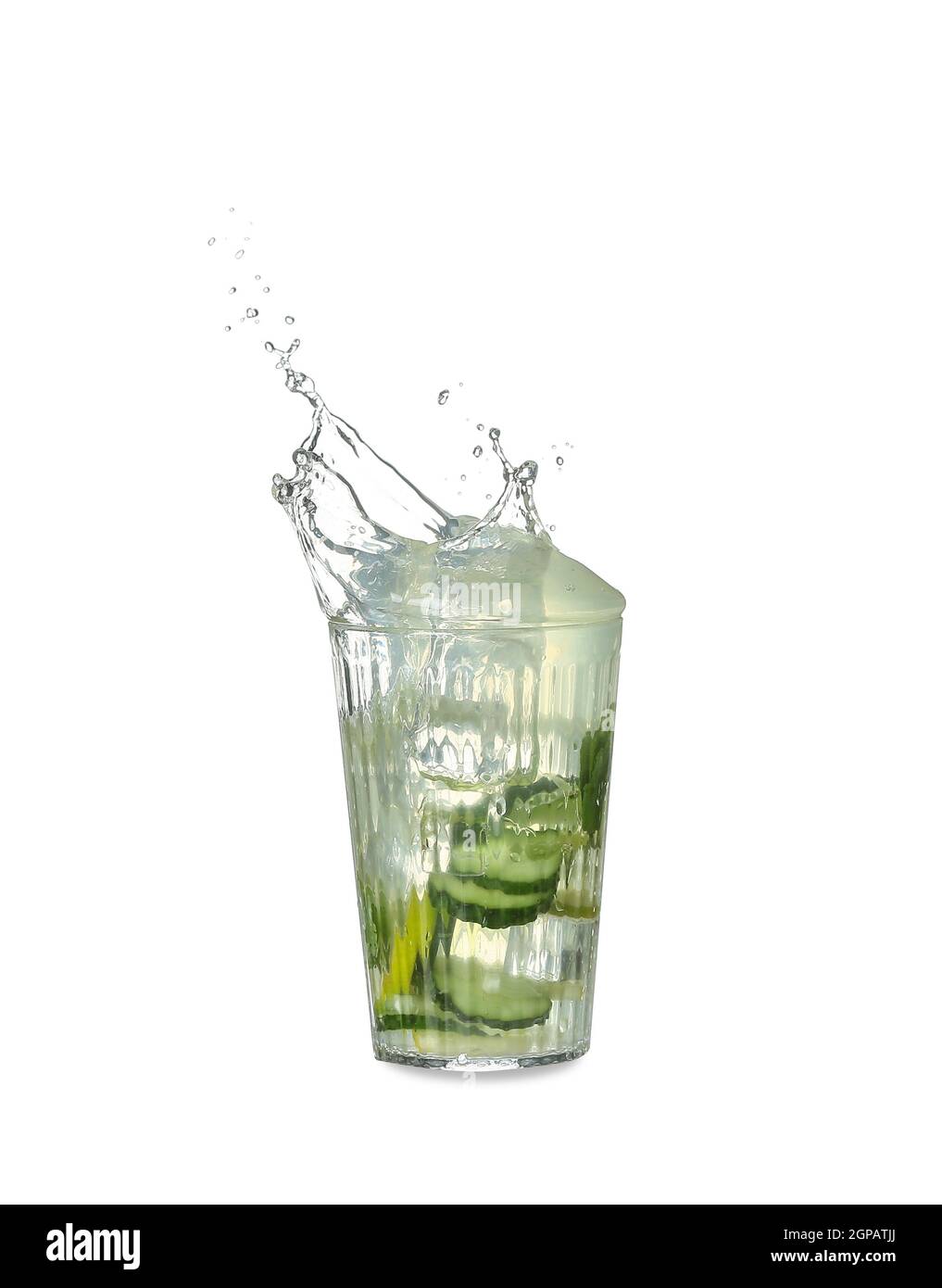 Glass of splashing lemonade on white background Stock Photo - Alamy