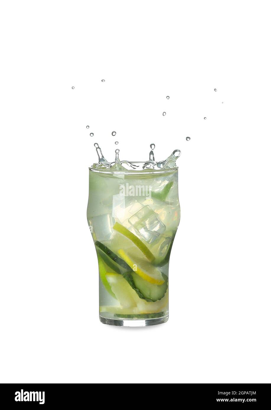 Glass of splashing lemonade on white background Stock Photo - Alamy