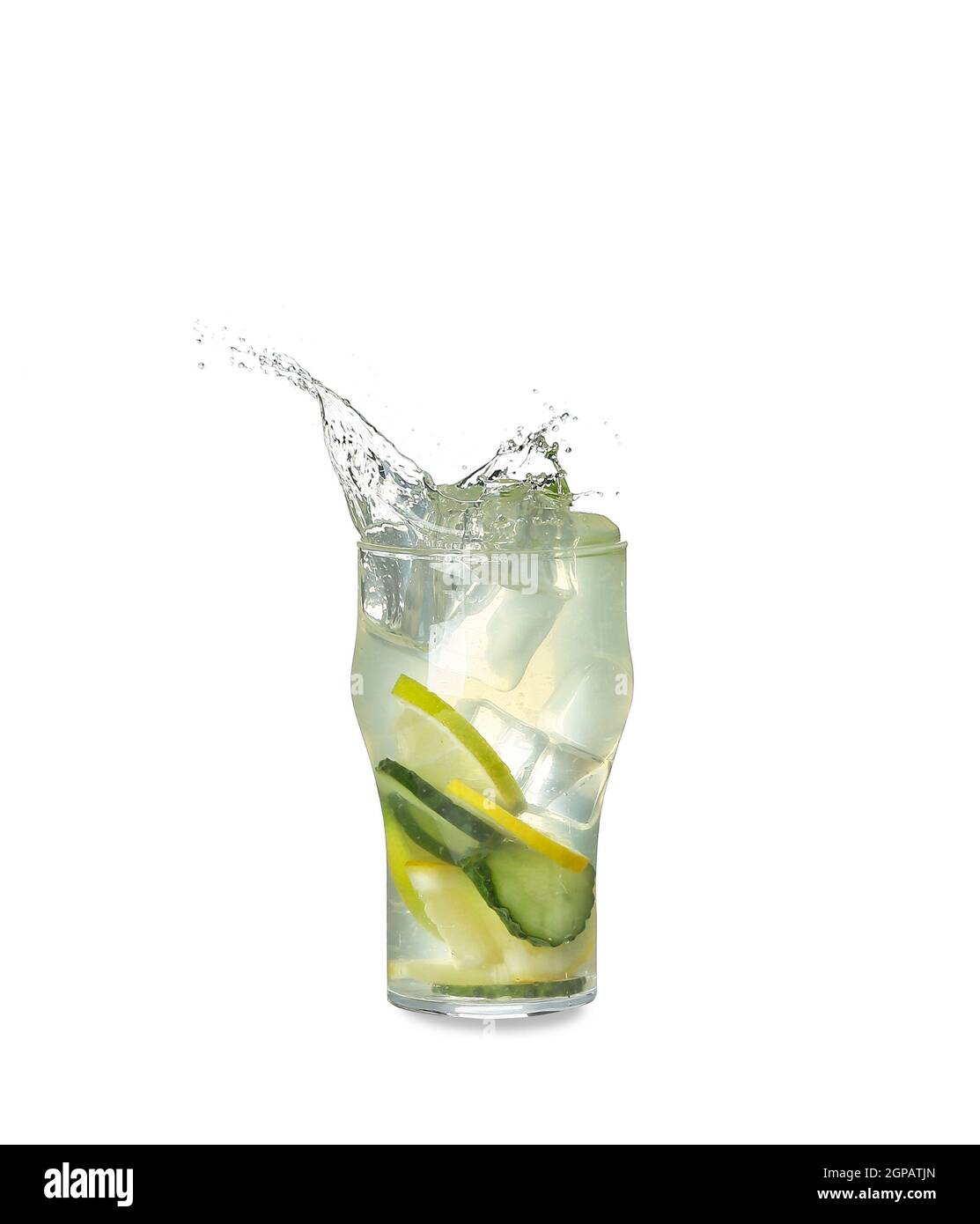 Glass of splashing lemonade on white background Stock Photo - Alamy