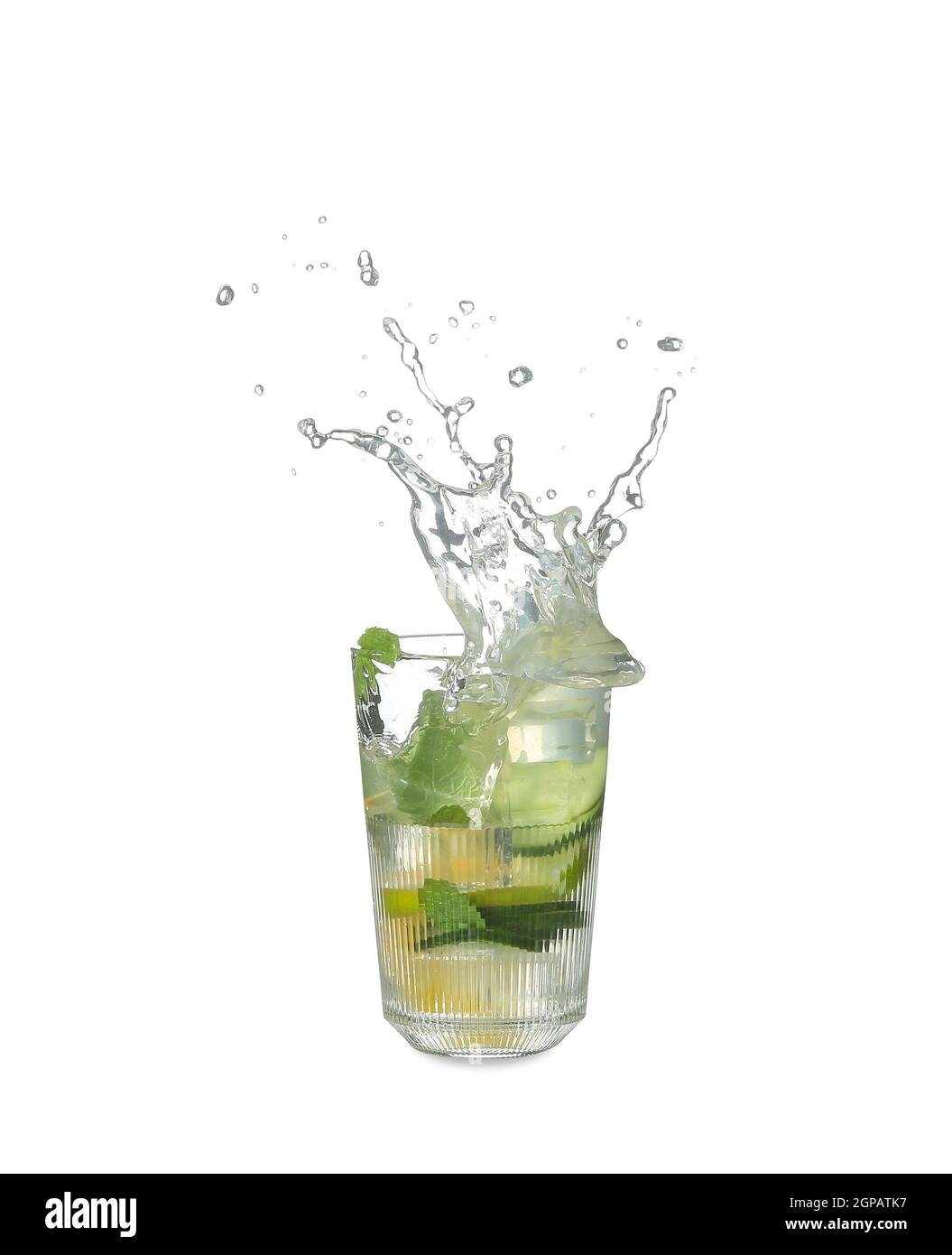 Glass of splashing lemonade on white background Stock Photo - Alamy