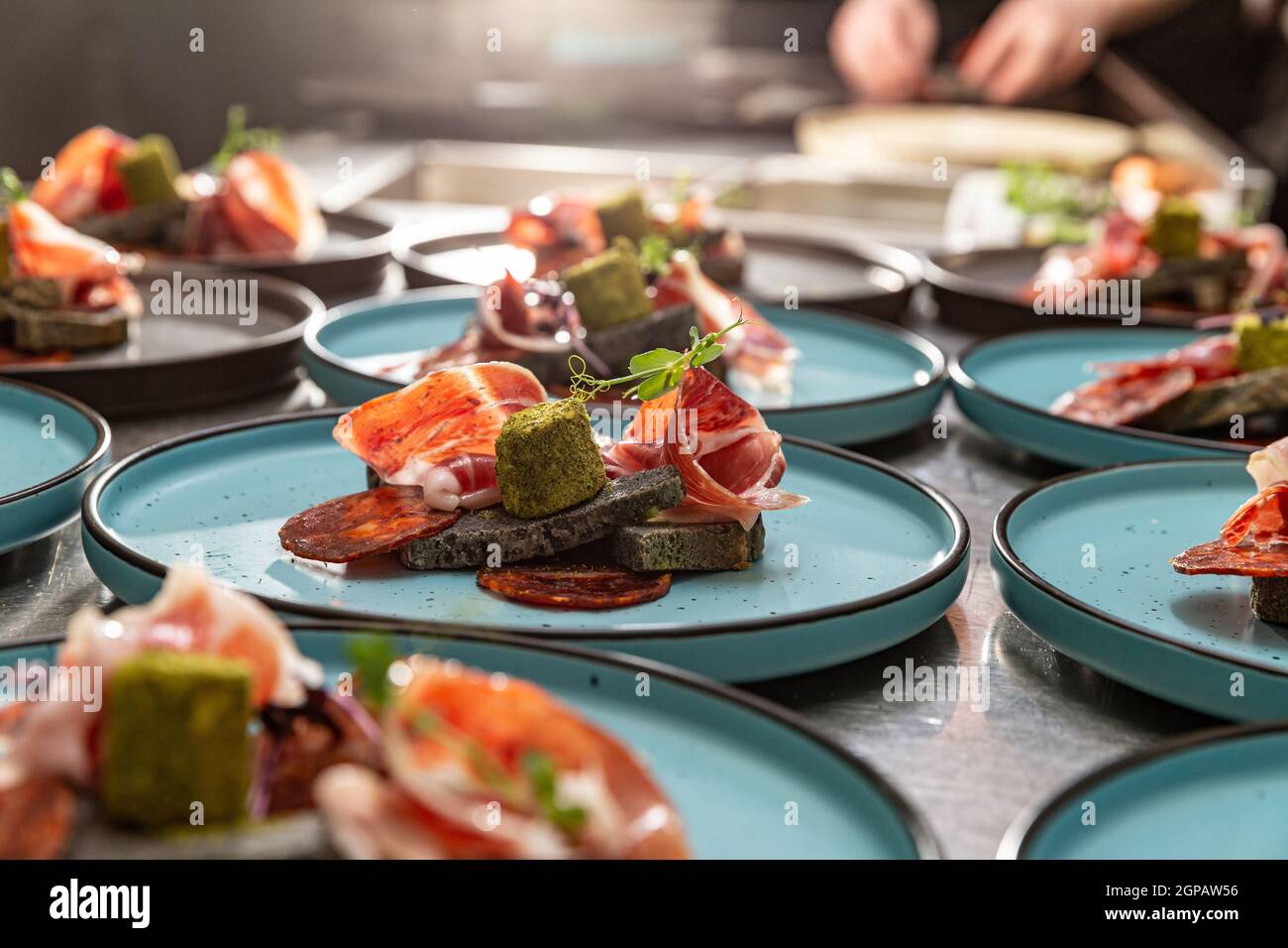 Iberico ham dish with flavoured butterl , fine dining plate Stock Photo ...