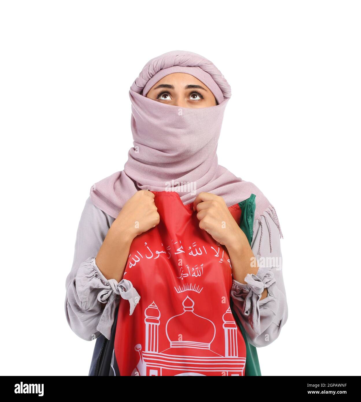 Muslim woman with flag of Afghanistan on white background Stock Photo ...
