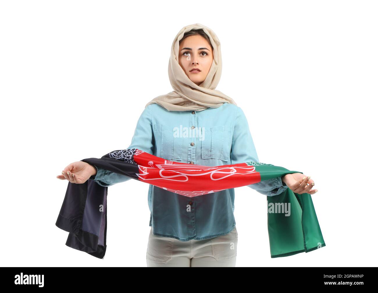 Muslim woman with flag of Afghanistan on white background Stock Photo ...