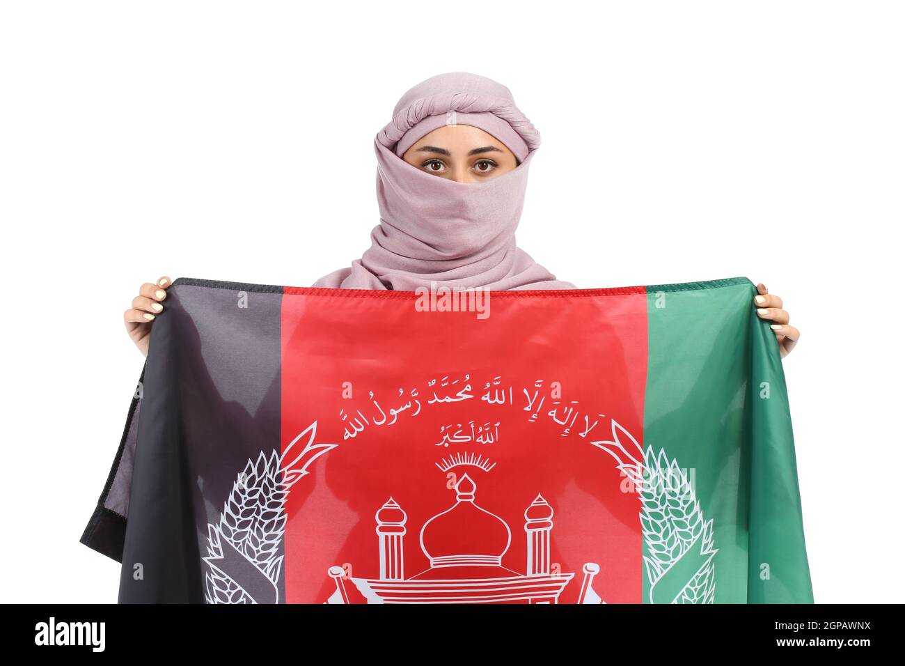 Muslim woman with flag of Afghanistan on white background Stock Photo ...