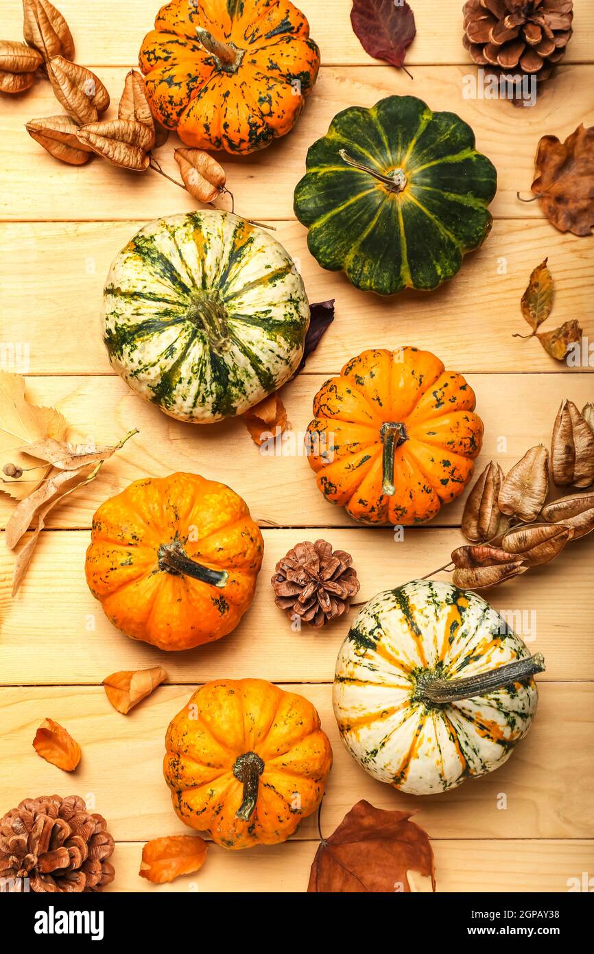 Autumn composition with pumpkins on wooden background, closeup Stock ...