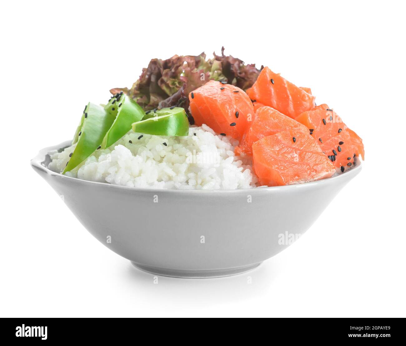 Tasty poke bowl on white background Stock Photo - Alamy