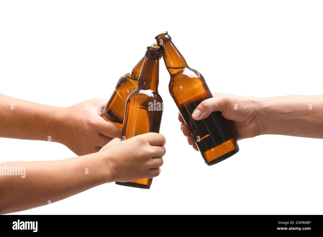 Hands with bottles of beer on white background Stock Photo - Alamy