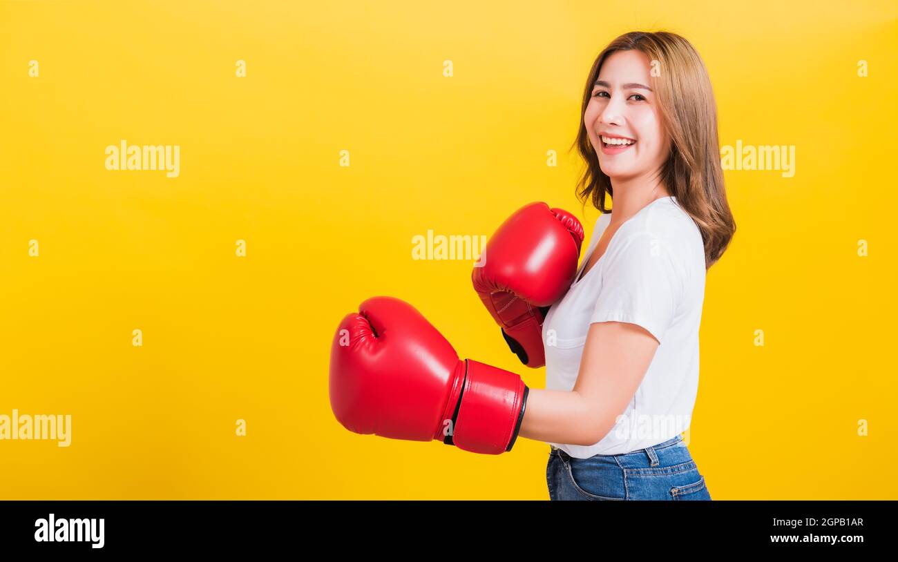 Portrait Asian Thai beautiful young woman standing smile wearing red ...