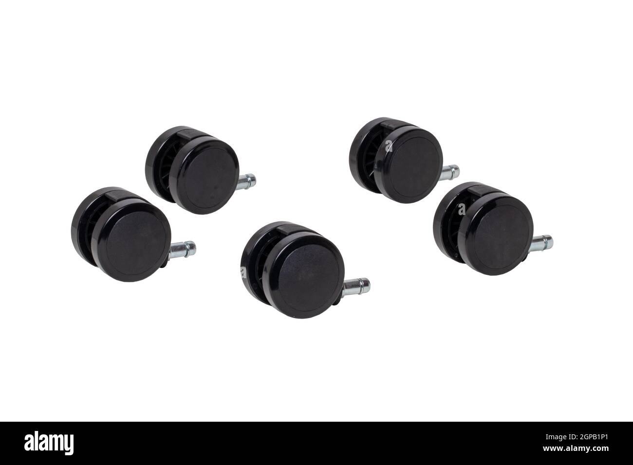 Spare parts isolated. Closeup of five black plastic wheels for a office ...