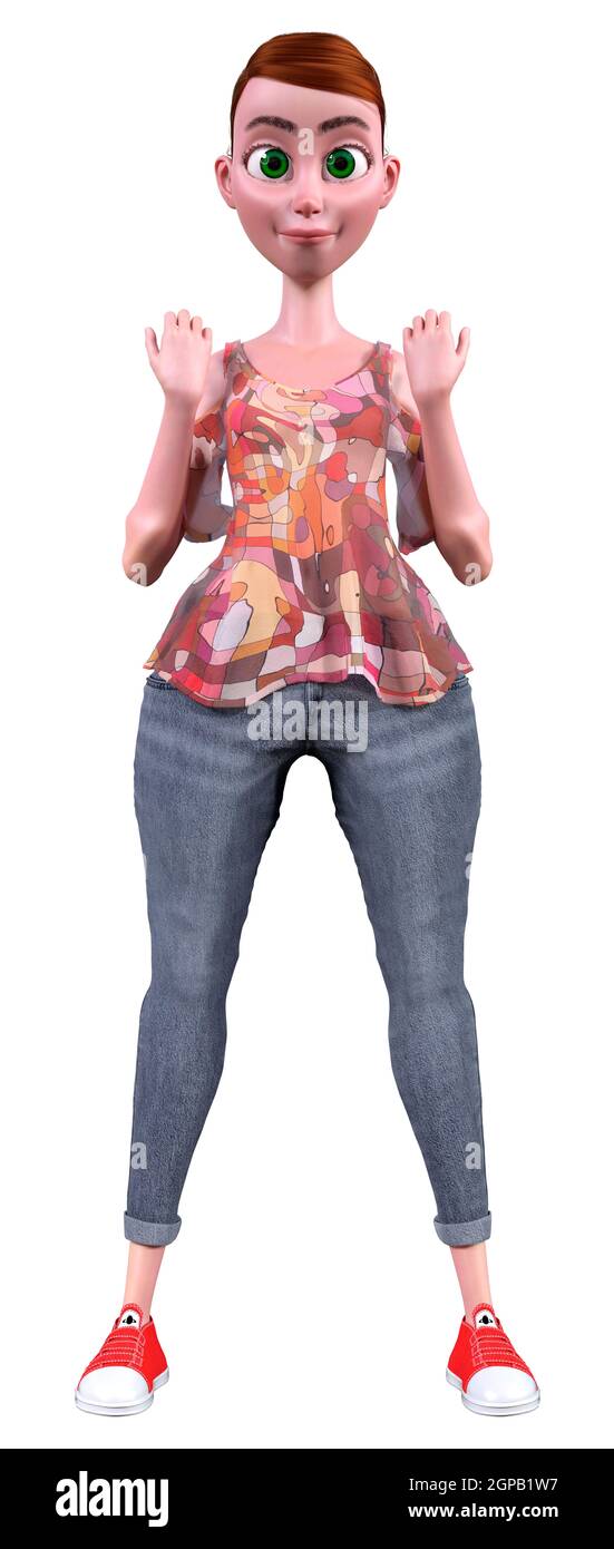 3D rendering of a cartoon woman in a casual clothing dancing isolated ...