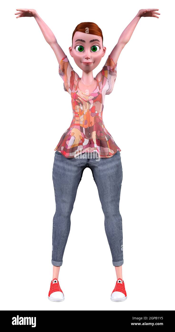 3D rendering of a cartoon woman in a casual clothing dancing isolated ...