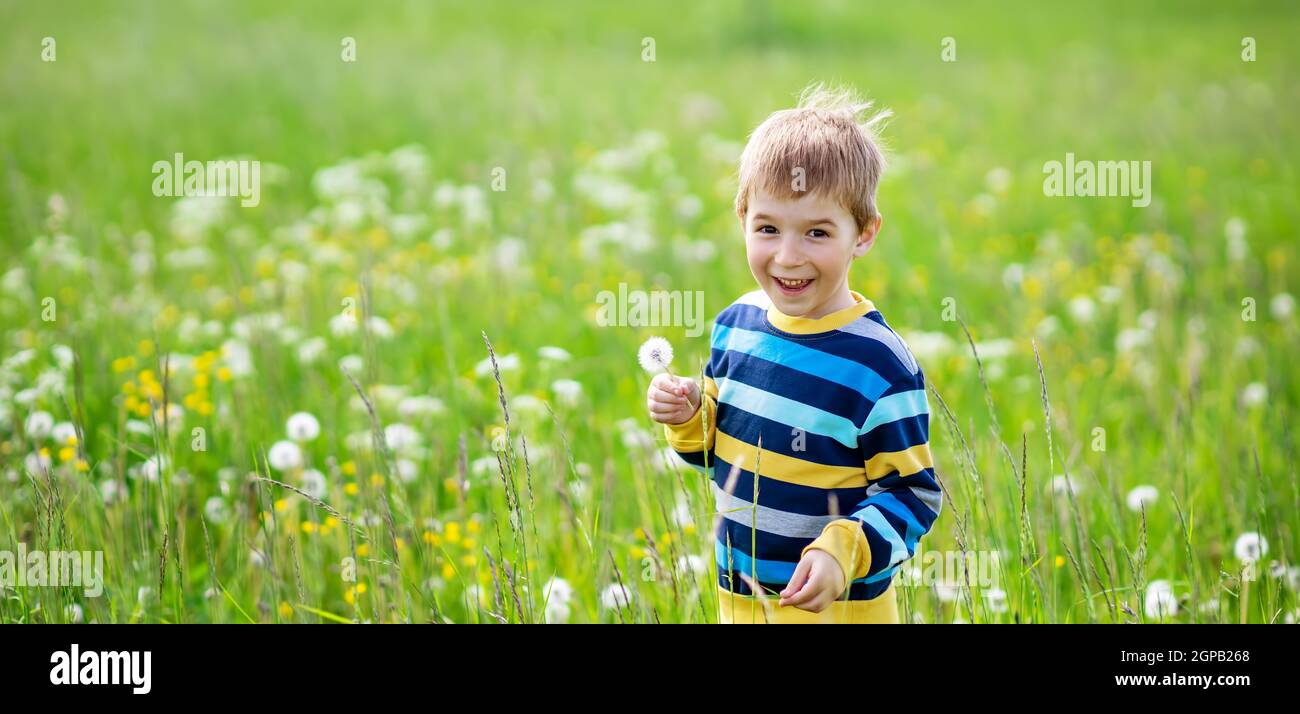 Happy smiling boy standing on the beautiful green field with dandelions ...