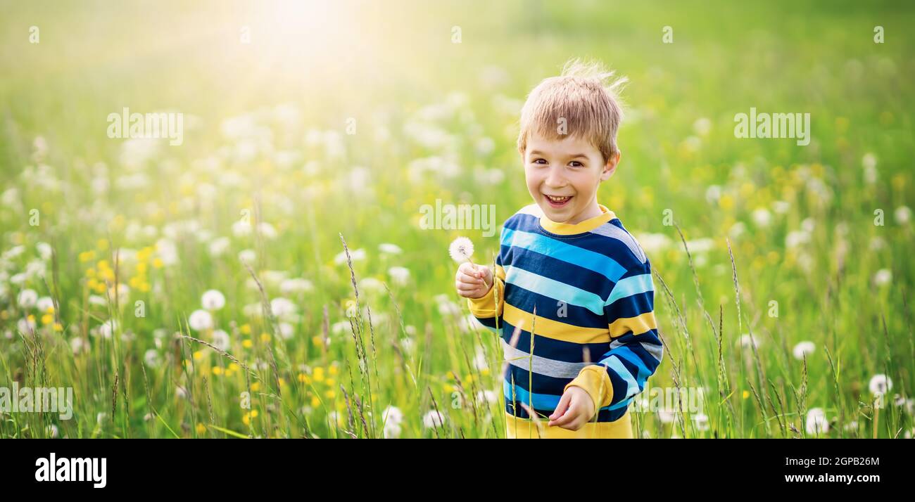 Happy smiling boy standing on the beautiful green field with dandelions ...