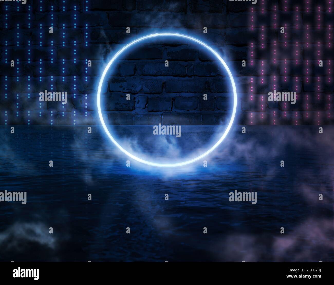 blue neon circle over the water surface and a thick fog creeping ...