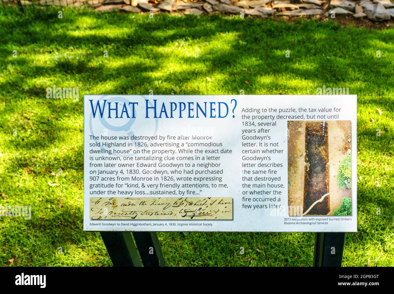 Information sign about the fire that destroyed the original house at ...