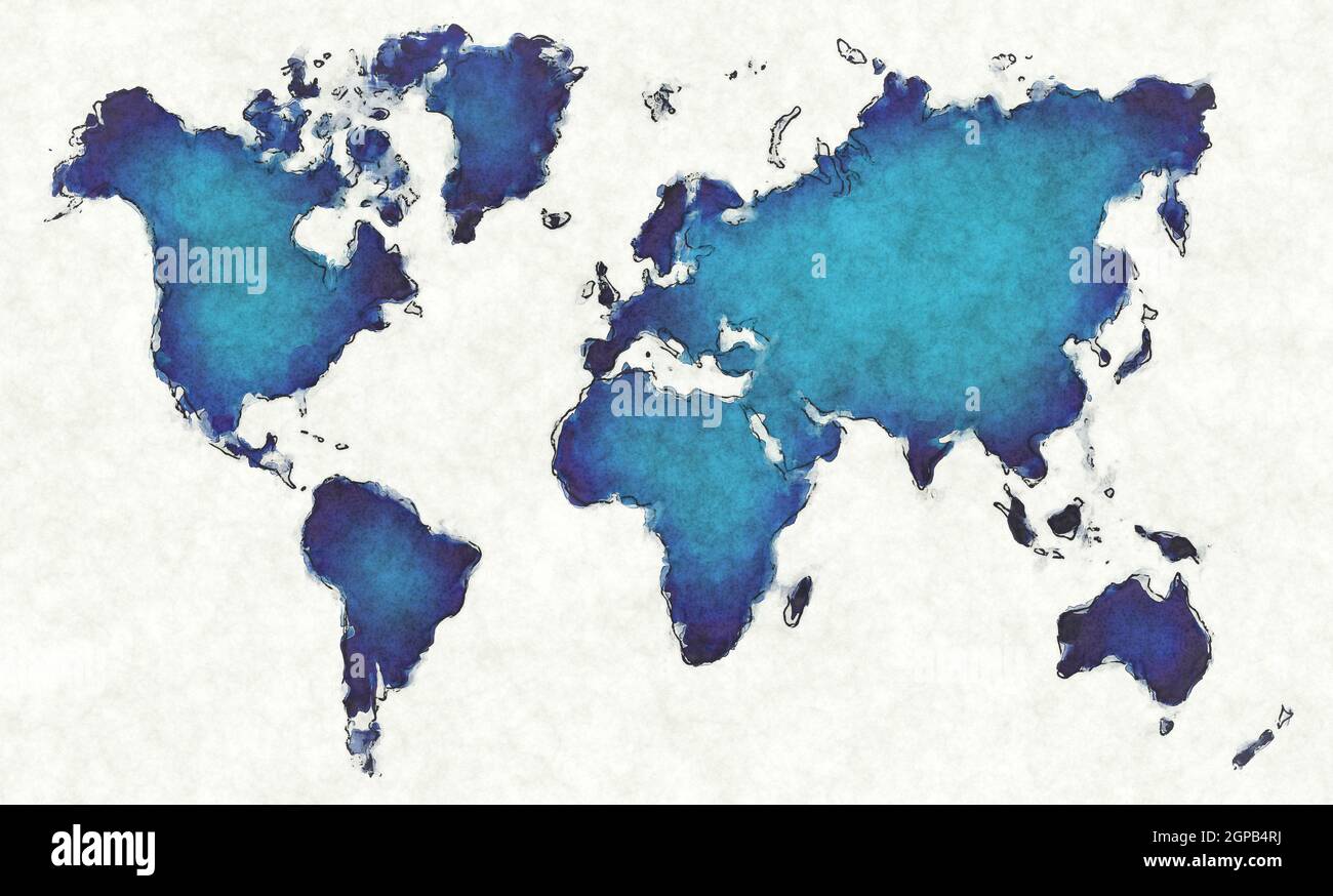 World map with drawn lines and blue watercolor illustration Stock Photo ...