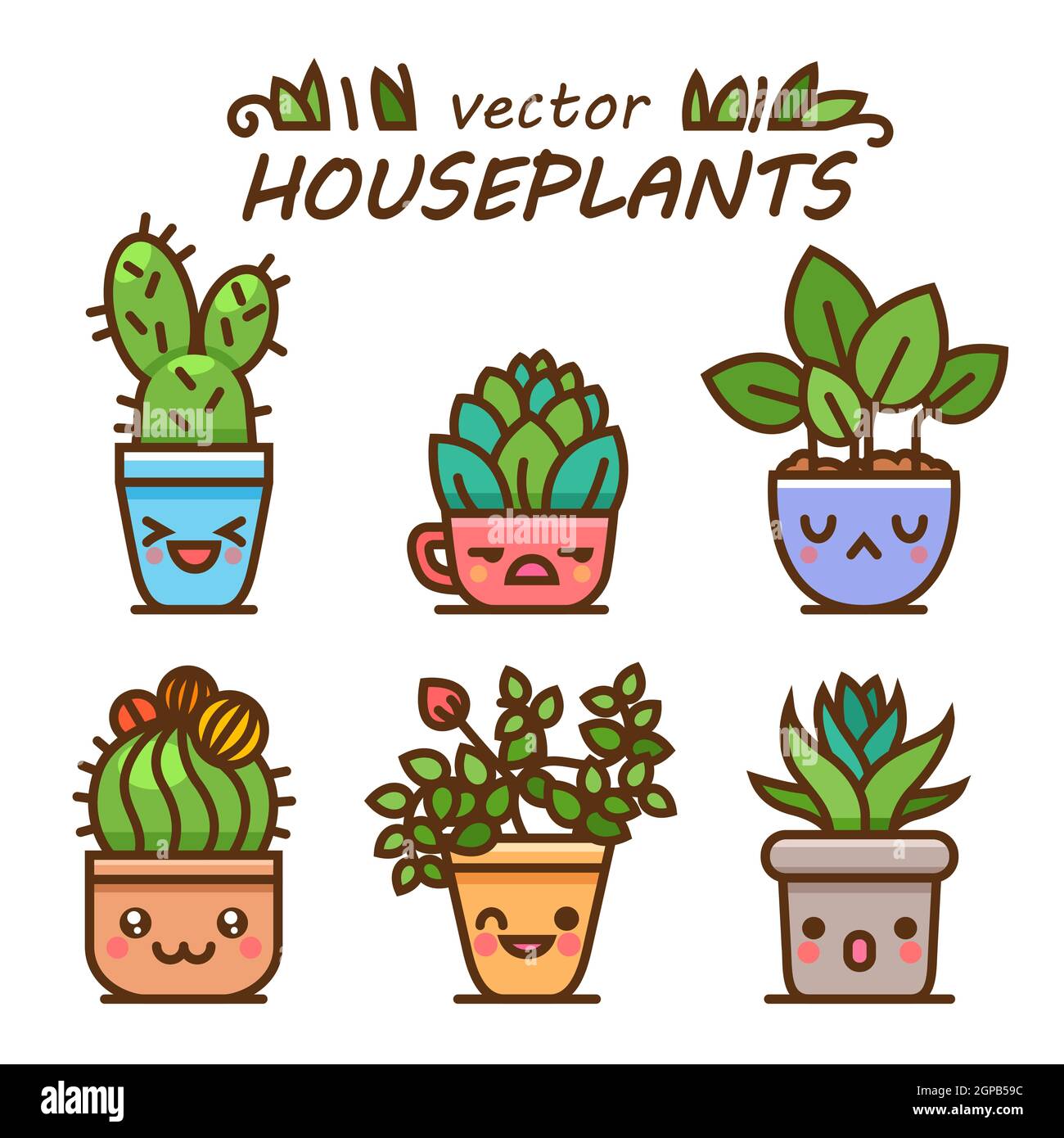 Cute lovely kawaii houseplants vector art. Kawaii faces flower pots ...