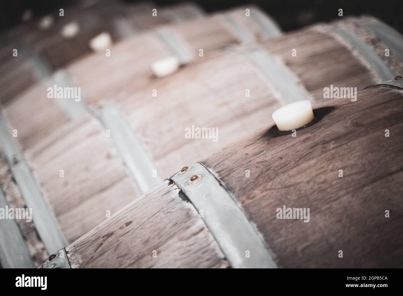 perspective view of row of vintage wine barrique barrels deposited in a ...