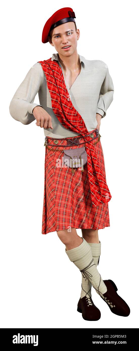 3D rendering of a young highlander wearing a traditional scottish kilt ...