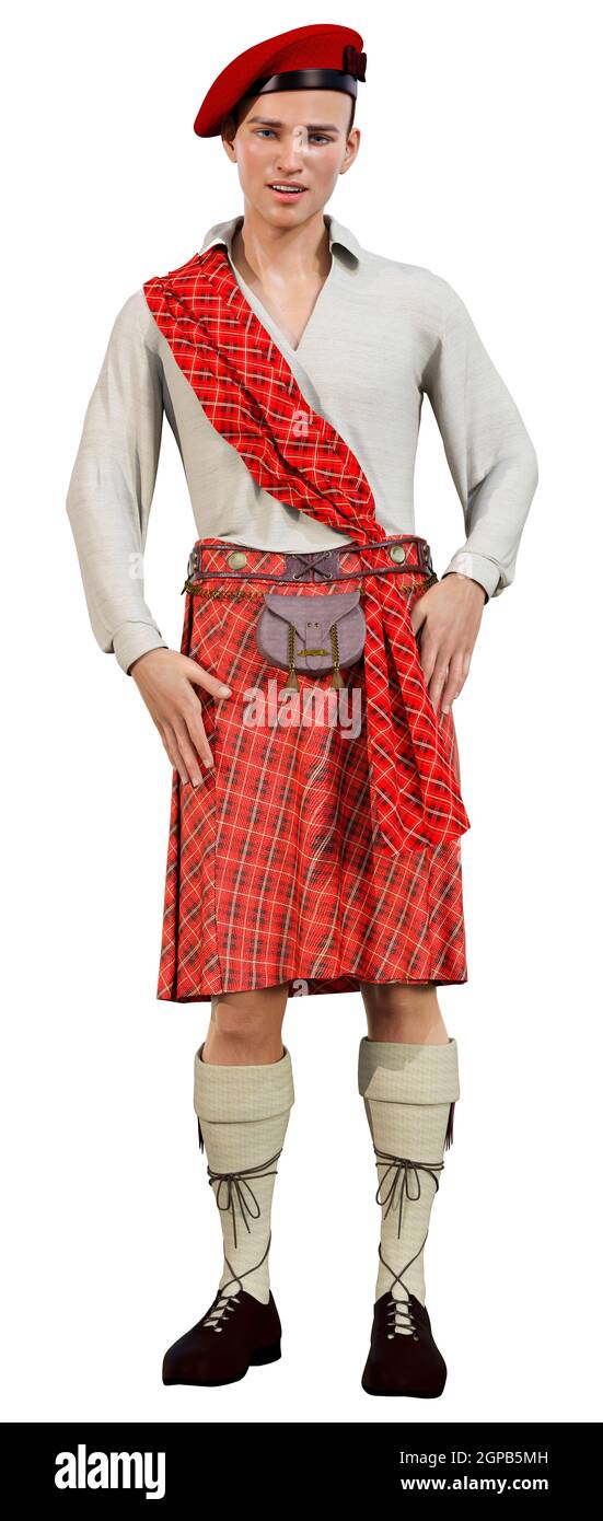 3D rendering of a young highlander wearing a traditional scottish kilt ...