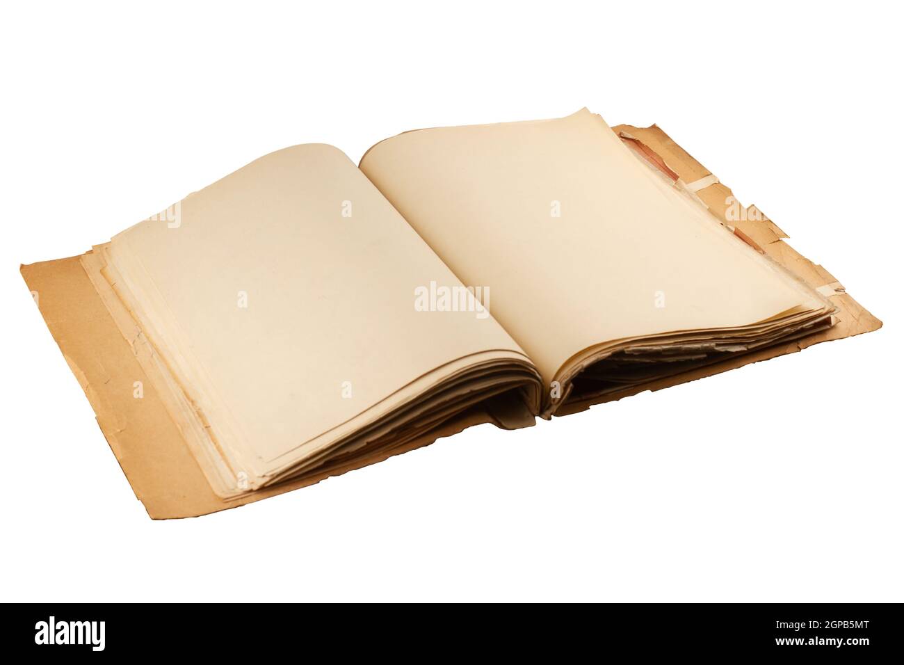 perspective side view of old open file document folder with aged light ...