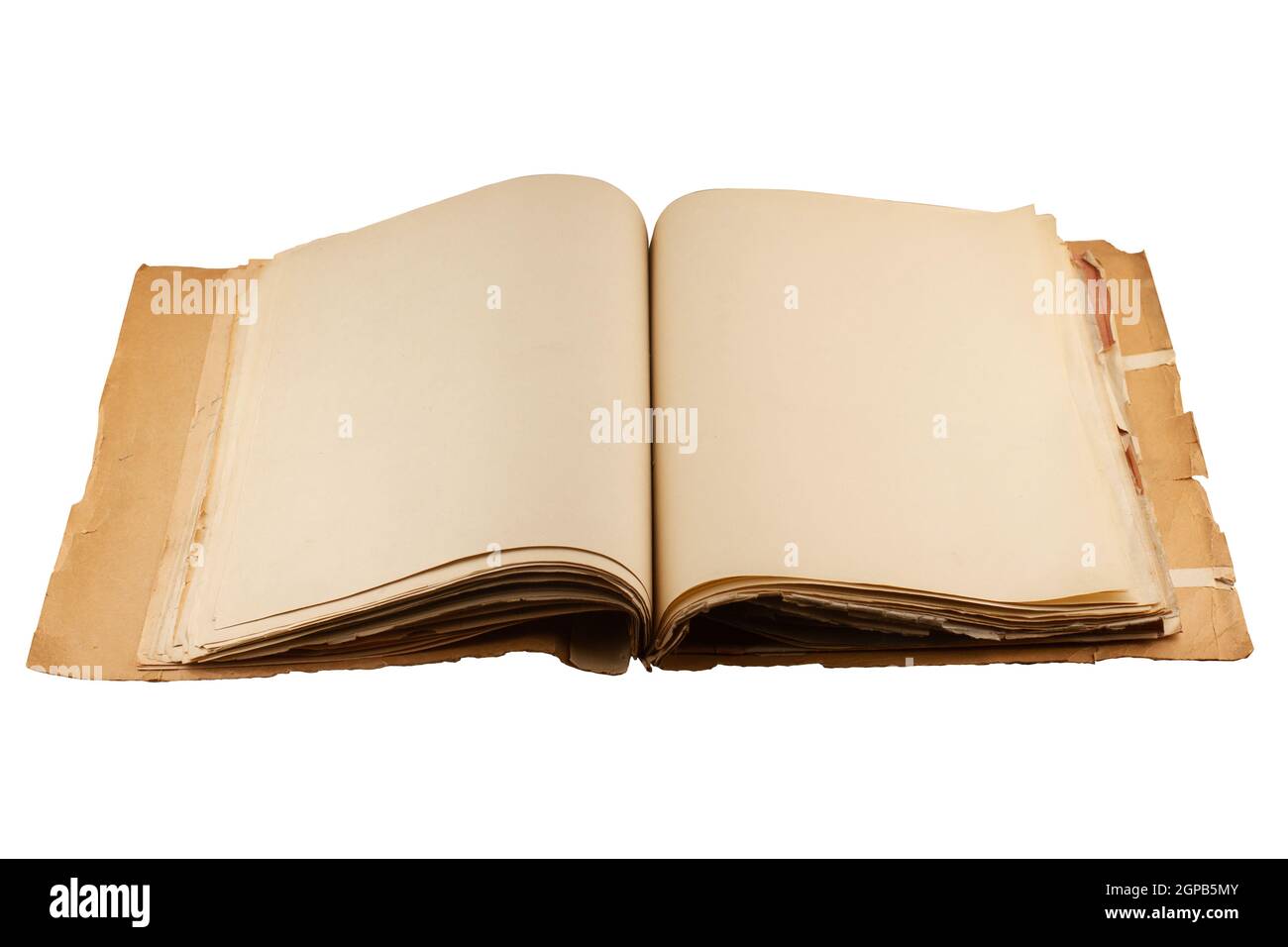 perspective front view of old open file document folder with aged light ...