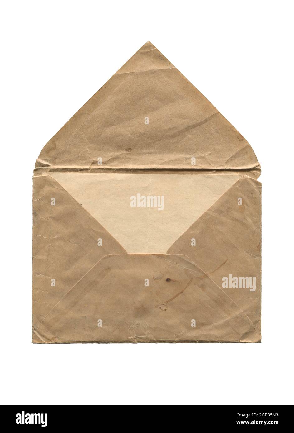 front view closeup of blank brown old aged open letter paper envelope ...