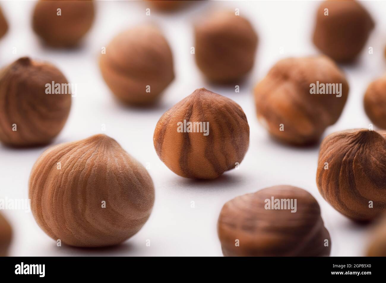 Hazelnuts scattered on a white background, whole, selective focus. The ...