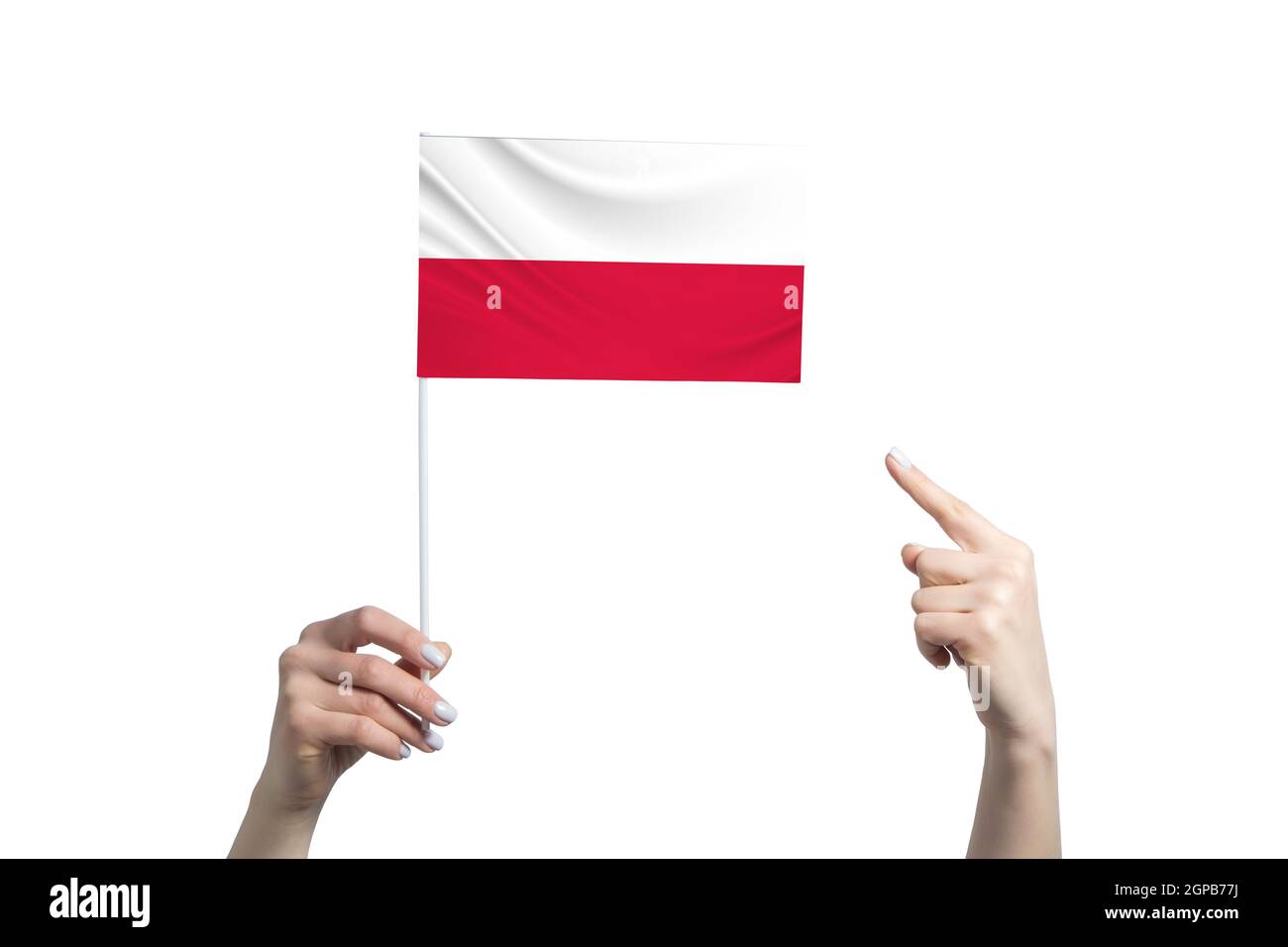 A beautiful female hand holds a Poland flag to which she shows the ...