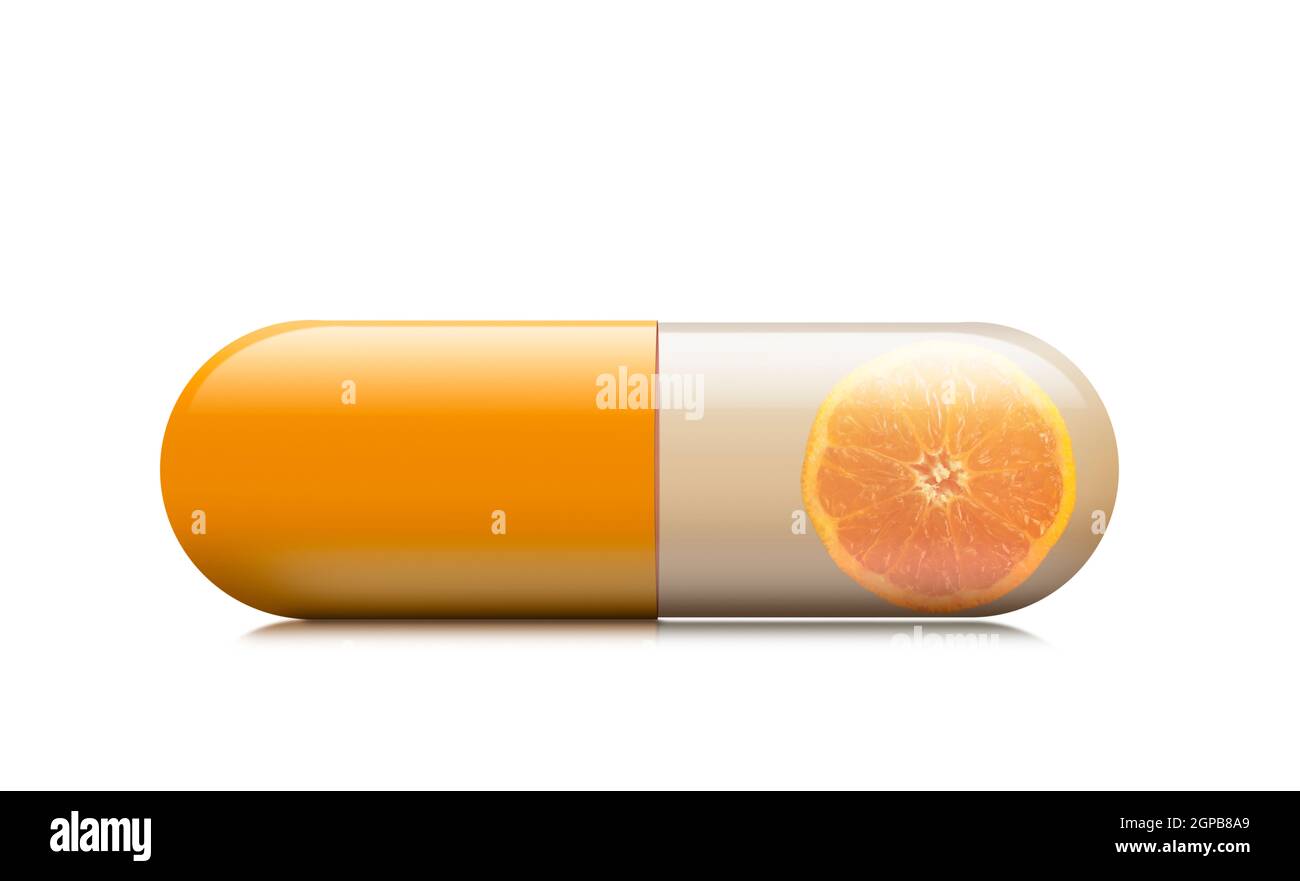 vitamin c pill with citrus fruit inside Stock Photo - Alamy
