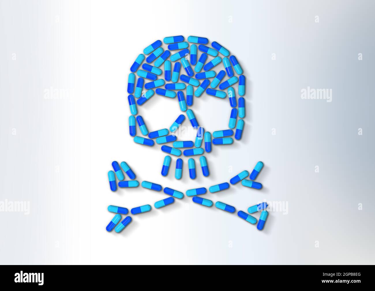 Skull made of blue capsule pills isolated on white background. 3D ...