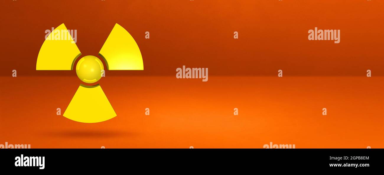 Radioactive symbol isolated on a orange studio background banner. 3D ...