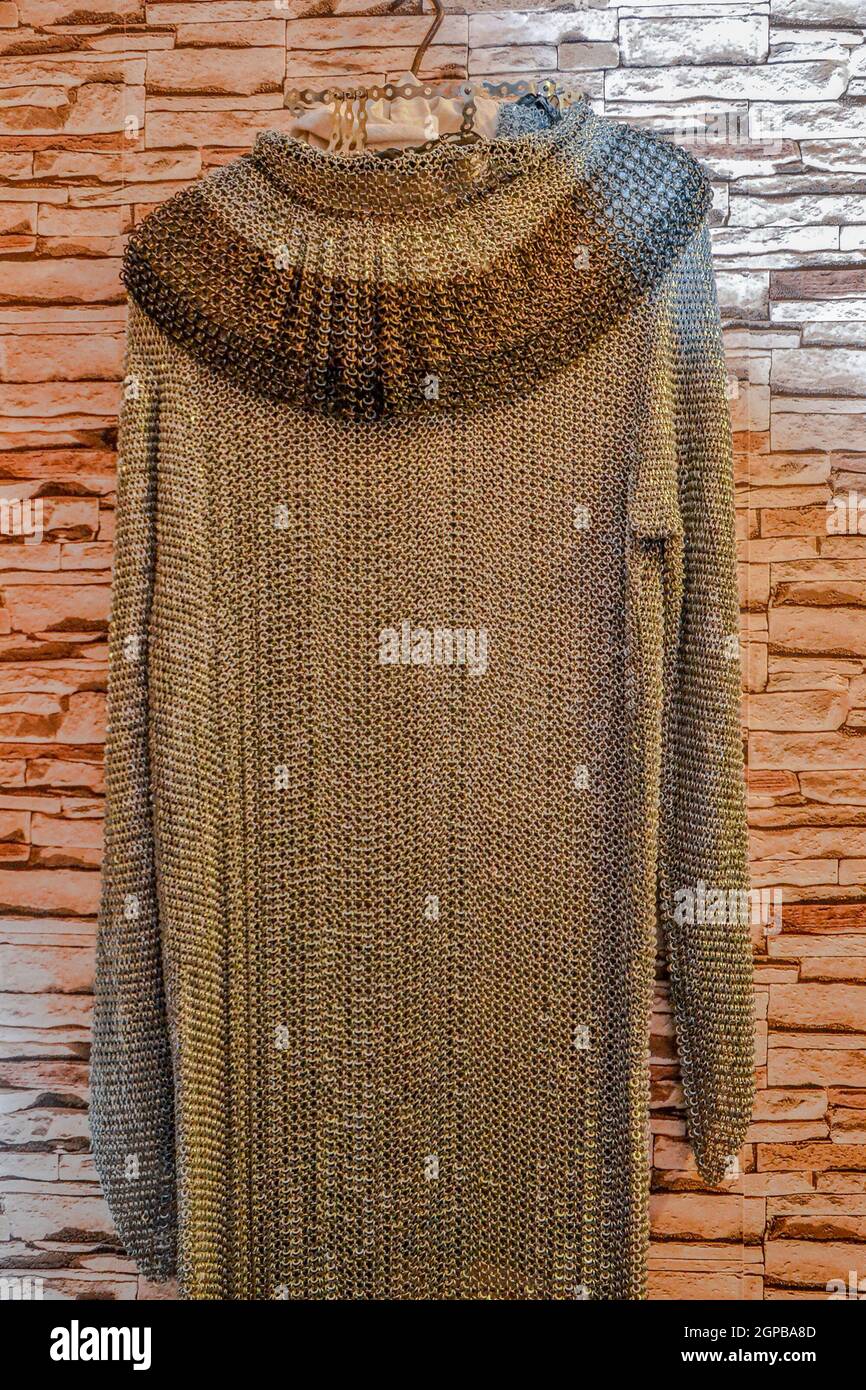 The knight's chain armor hanging on a hanger. Fitting of knightly ...