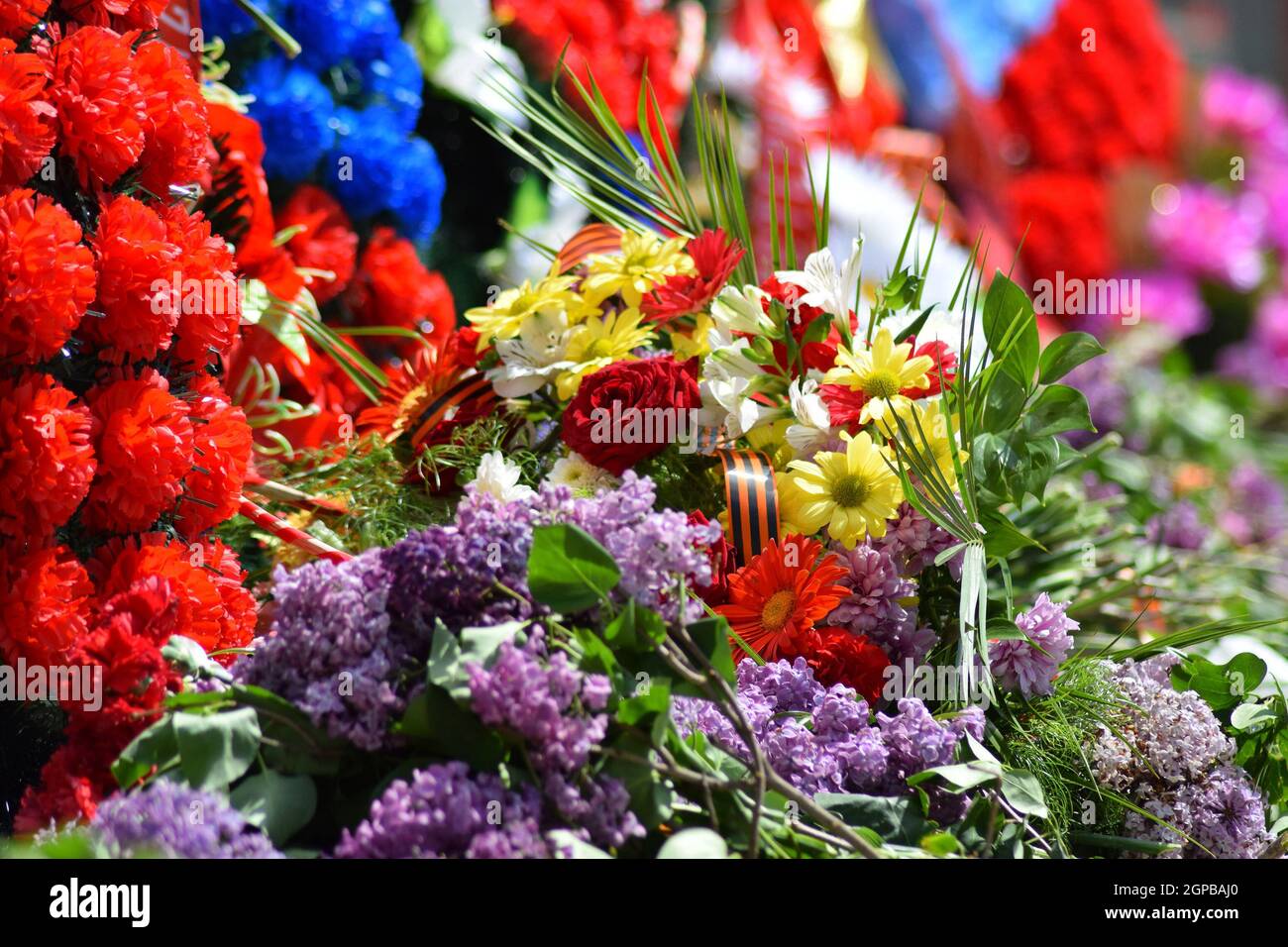 Flowers and wreath laying in honor of the celebration of the victory ...