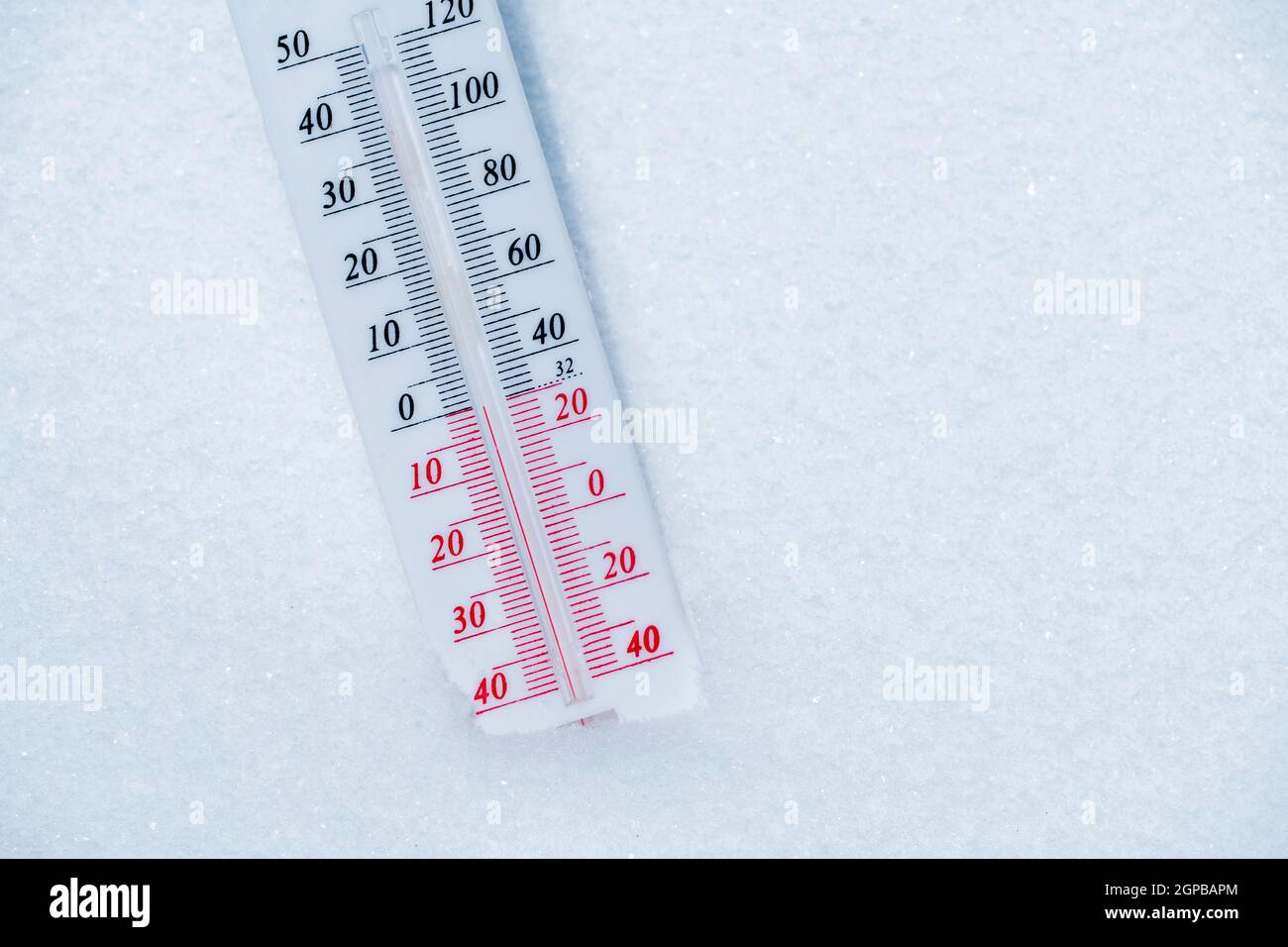 The thermometer lies on the snow and shows a negative temperature in ...