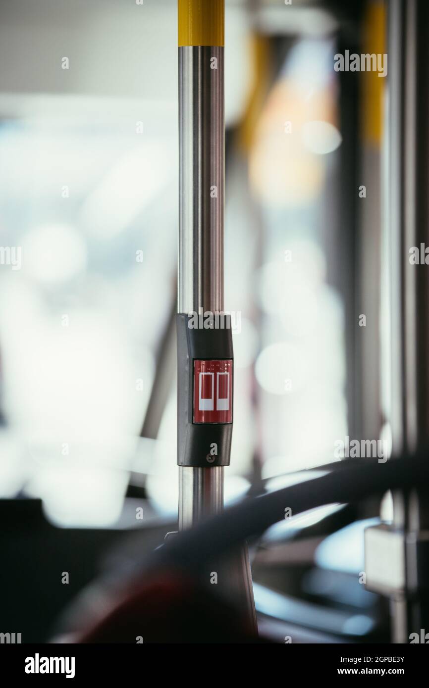 Interior of a public transport bus, stop button Stock Photo - Alamy