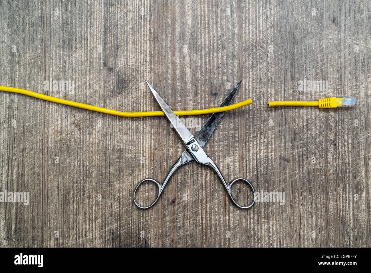 Steel scissors cut the yellow network cable connector.Internet ...