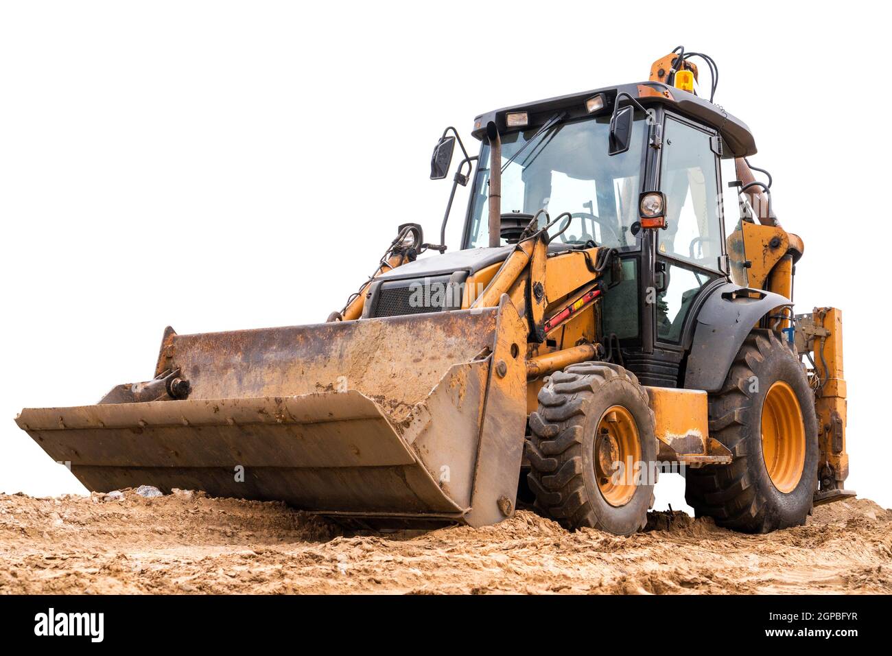 Wheel loader excavator works in construction site quarry.Copy-space ...