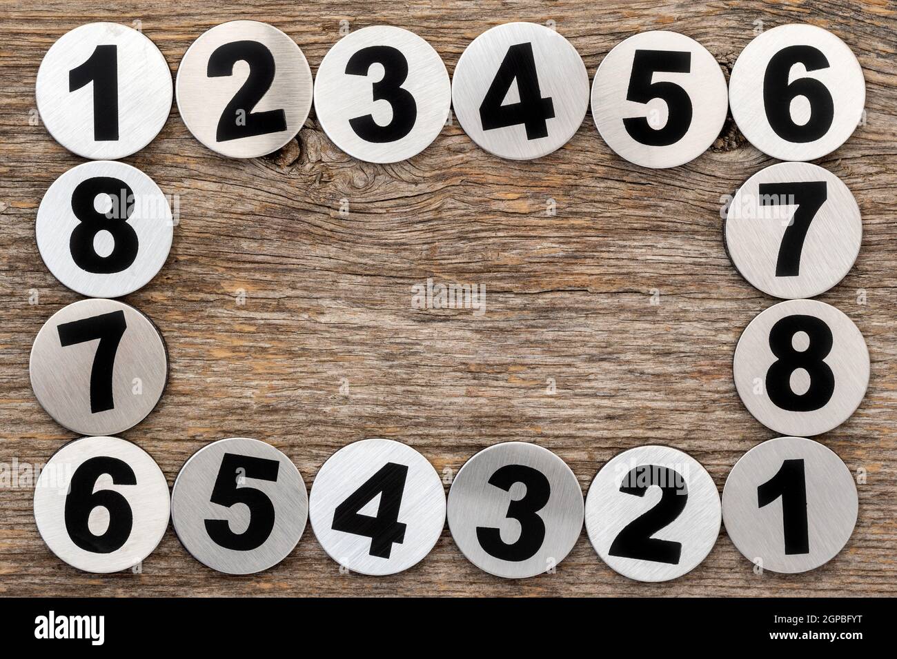 Metal numbers frame with old wood background. Copy space for text or ...