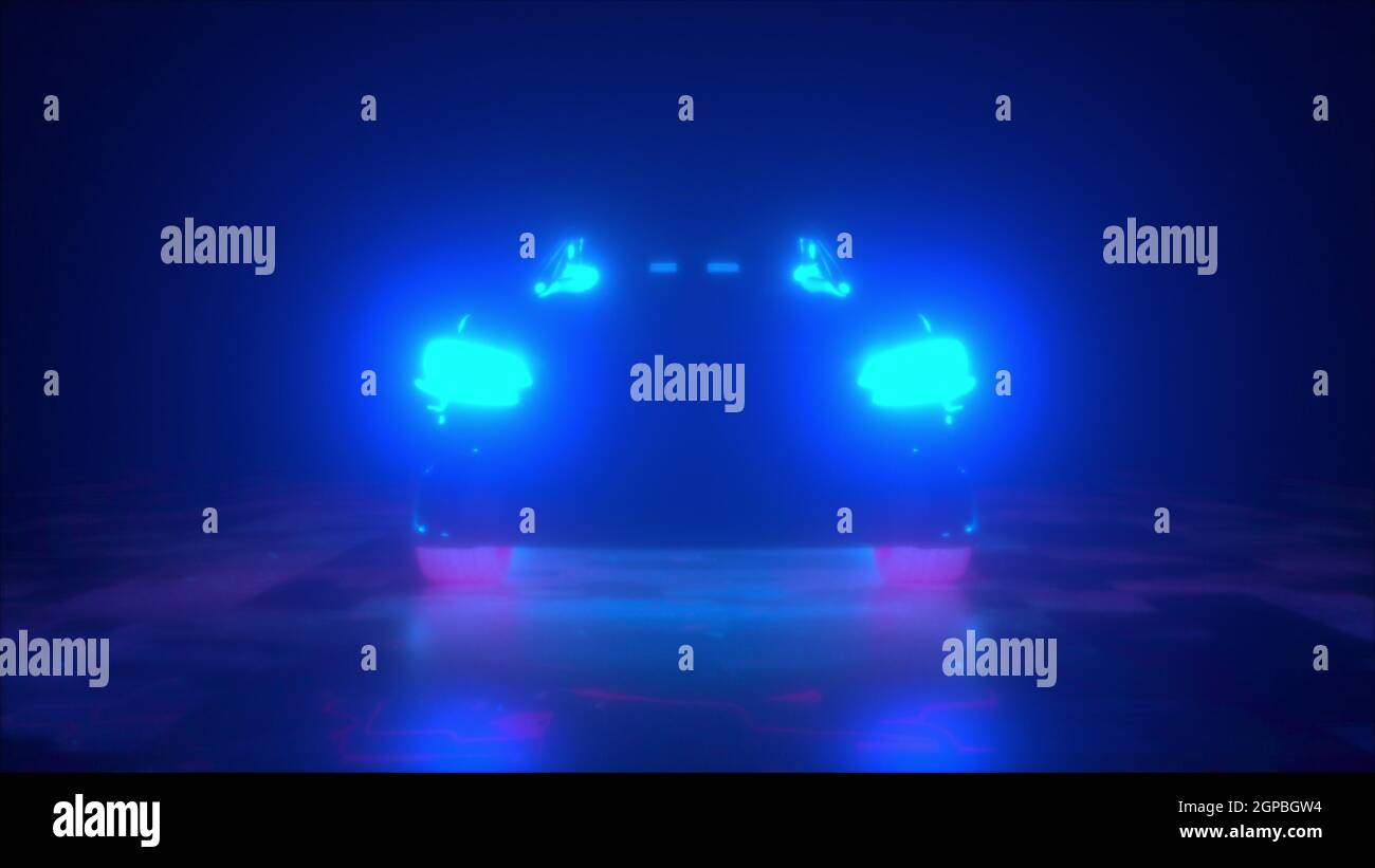 Neon car with bright headlights in the dark, computer generated. 3d ...